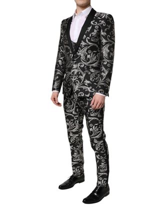 Dolce & Gabbana Black Gray Martini Jacquard Men 3 Piece Suit And Polyester Silk