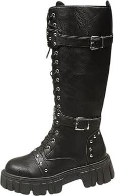 Generic Bottes hautes pour femme &agrave; talon &eacute;pais - &Eacute;l&eacute;gantes - Couleur unie - Semelle &eacute;paisse - Lacets - Boucle - Fermeture &eacute;clair lat&eacute;rale - Classique et confo