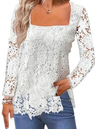 TOMWELL Femme Tee Shirt Dentelle Couleur Unie Manches Longues Loisirs Dété Chemisier en Dentelle Blouse Décontracté en Dentelle Tops Chemisiers C Blanc 3XL