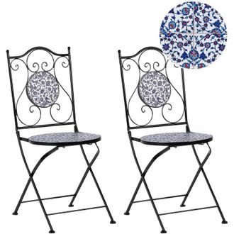Beliani Lot de 2 Chaises Vintage en M&eacute;tal Pliantes Motif Mosa&iuml;que Bleu Cadre en Fer Noir Camprena