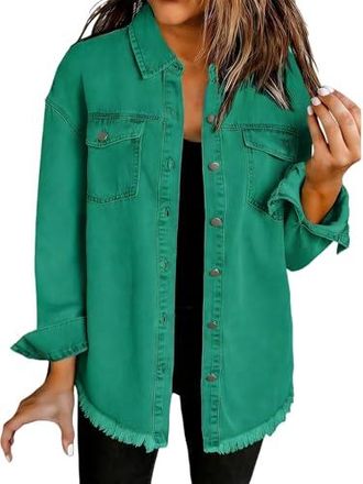 Generic Veste d&eacute;contract&eacute;e en jean &agrave; manches longues pour femme avec ourlet effiloch&eacute;, vert fonc&eacute;, XXL