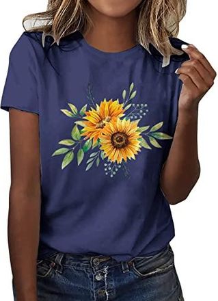 Generic T-shirt imprim&eacute; ample &agrave; manches courtes et col rond pour femme, bleu marine, XXL