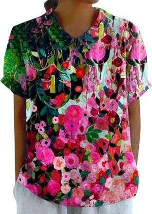 Generic Chemise Femme Chic et élégant Chemisiers et Blouses Femme dété Revers Col Rond à Manche Courte Tops Fleurie Respirant T-Shirt Grande Taille Pas Cher D