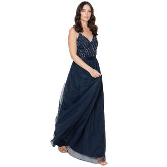 Maya Damen Maya Deluxe Maxi Evening Dress Womens Elegant for Wedding With V-neck Tulle Dress Womens With Bow Brautjungfernkleid, Navy, 52 EU