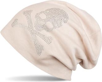 styleBREAKER Bonnet Classique avec Application en Strass en Forme de t&ecirc;te de Mort, Unisexe 04024034, Couleur:Cr&egrave;me-Beige, mat&eacute;riel:Chaud