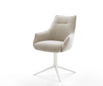 DELIFE Drehstuhl Alja-Flex mit Armlehnen Webstoff Soft Beige Fu&szlig;kreuz Wei&szlig; 360&deg; drehbar Wippfunktion Taschenfederkern, Esszimmerst&uuml;hle