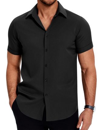 Coofandy Herren Kurzarmhemd Sommer Freizeithemden Regular Fit Bügelfrei Business Hemden Männer Oberhemd Schwarz XL