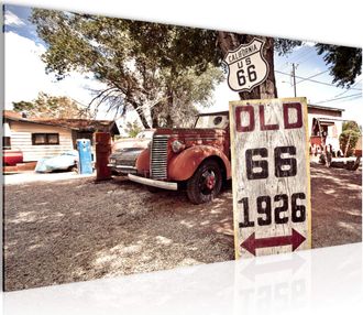 Runa Art Wandbild Auto Route 66 1 Teilig 100 x 40 cm Modern Bild auf Vlies Leinwand Oldtimer Wohnzimmer Bunt Rot 609812a