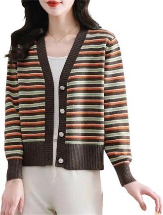 Generic Cardigan en tricot &agrave; manches longues pour femme Motif patchwork ray&eacute; Col en V Style vintage, camel, XX-Large