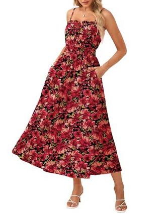 Grace Karin Robe longue d&eacute;contract&eacute;e pour femme - Style boh&egrave;me - Sans manches - Avec bretelles spaghetti - Pliss&eacute;e - Coupe trap&egrave;ze - Robe de plage - Robe festive 