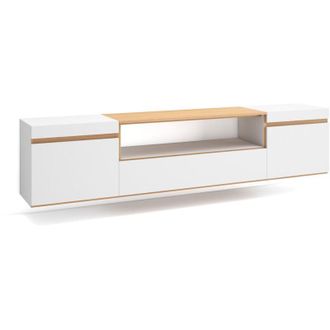 Skraut Home Skraut Home - TV-Schrank, Lowboard, f&uuml;r Wohnzimmer und Esszimmer, 200x35x45cm, F&uuml;r TV-Ger&auml;te bis zu 80, H&auml;ngend, Moderner Stil, Wei&szlig; und Eiche Soft
