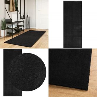 vidaXL Teppich HUARTE Kurzflor Weich und Waschbar Schwarz 80x200 cm - Kurzflor-Teppich - Schwarzer Teppich - Flauschig - Rutschfest - Waschbarer Teppich