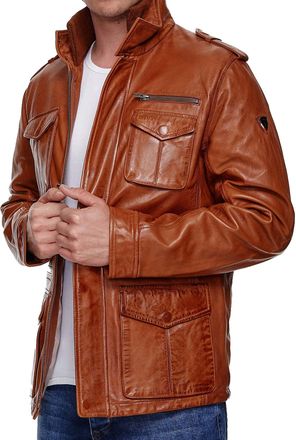 Tazzio Herren Jacke Lederjacke Leder Mantel Trenchcoat 19706 (Cognac, XL)