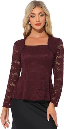 Allegra K Hauts en Dentelle Floral Femme Col Carr&eacute; Manches Longues Demi-Transparentes Chemisier &Eacute;l&eacute;gant Blouse &agrave; Volant Rouge XL