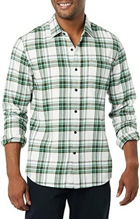 Amazon Essentials Chemise en flanelle à manches longues pour homme, motif écossais boutonné coupe ajustée, motif écossais vert et blanc, taille S