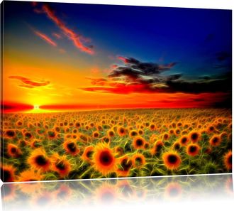 Pixxprint farbenfrohes weites Sonnenblumenfeld, Größe: 120x80cm, Leinwandbild, fertig gespannt, Wandbild, Dekoration, Kunstdruck, kein Poster