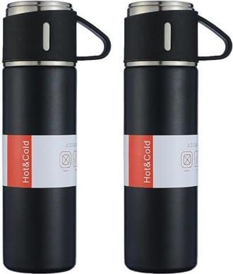 Herzberg HG04210-BLK, Isolierflasche aus Edelstahl 500ml, Warm-/Kalthaltung 12h, 360&deg; auslaufsicher, 3 Becher inklusive, BPA-frei, elegantes und kompaktes Desi