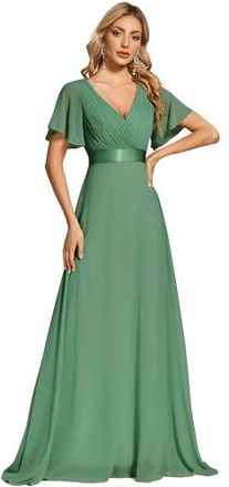 Ever-pretty Robes de Soirée Femmes Longues Manches Volants Tulle Paillettes de Feuilles Col V Chic Vert Haricot 34