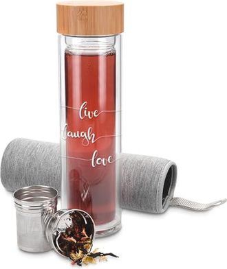 Navaris Bouteille de Thé en Verre - Gourde avec Infuseur en INOX pour Sachet et Fruits - Bouteille Double Paroi Verre - Transport de Boissons - 500mL