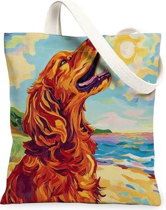 Generic Sac fourre-tout d&eacute;t&eacute; en toile motif chien Setter irlandais 33 x 38,1 cm, sac d&eacute;picerie r&eacute;utilisable pour femme, peinture esth&eacute;tique, d&eacute;coration cadeau