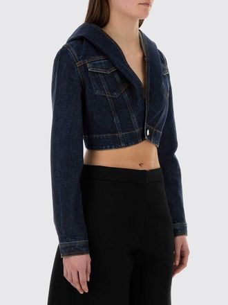 Alaia Veste en jean courte &agrave; capuche en denim de coton avec boutonnage dissimul&eacute;