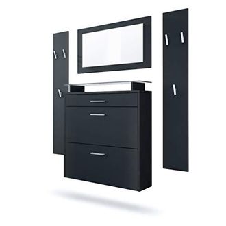 Vladon Penderie Malea, Meuble dentrée Comprenant 1 Commode à Chaussures Murale, 1 Miroir Mural et 2 Panneaux Porte-Manteaux, Noir Mat/Noir Mat
