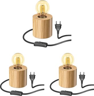 LEDs Com 3 Stück Tischlampe HITO, Holz massiv, rund, inkl. E27 Lampe 471lm Retro gold extra-warmweiß