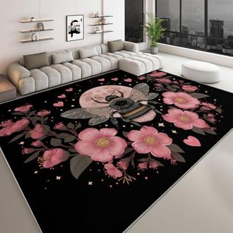 Generic Tapis Noir Lavable pour Salon, Tapis &agrave; Poils Courts Antid&eacute;rapant &Eacute;l&eacute;gant Gothique Floral Abeilles pour Enfants Bureau Salle &agrave; Manger Cuisine et Chambr