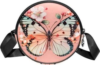 Generic Sac &agrave; bandouli&egrave;re rond pour femme, motif fleurs et papillons, sac &agrave; dos avec fermeture &eacute;clair, bretelles r&eacute;glables, sac &agrave; main rond d&eacute;contract&eacute; pour f