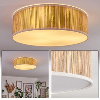 HOFSTEIN Deckenleuchte Foggia, Deckenlampe aus Metall/Binsenstroh/Stoff/Kunststoff in Schwarz/Natur/Beige/Weiß, runde Leuchte im Boho-Design (Ø 40 cm), E27, Es