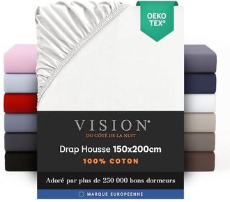 Vision Streetwear Drap Housse - 100% Coton Lit Double (150x200 cm) - Blanc | Coins Élastiqués | Tissage Serré: 57 Fils | Convient aux Matelas Jusquà 30 cm | Confortable