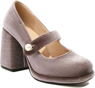 Generico Chaussures De Ville &Agrave; Talon Bloc Velours pour Femmes - Escarpins avec Bride Cheville Perle pour Soir&eacute;es & Travail 9CM,Marron,37 EU