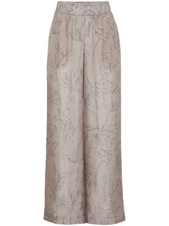 Brunello Cucinelli Seidenhose mit Blatt-Print - Braun