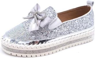 Generic Elegantes Mocassins &agrave; enfiler &agrave; plateforme pour femme, baskets &agrave; paillettes pour femme, mocassins de marche habill&eacute;s avec noeud papillon, B argent&eacute;., 