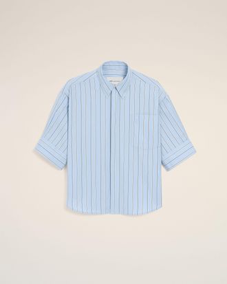 Ami Ami Paris - Chemise ray&eacute;e bleue large en coton manches courtes Ami de Coeur emboss&eacute; Bleu Cachemire & ivoire - Taille : 34 - pour Femme