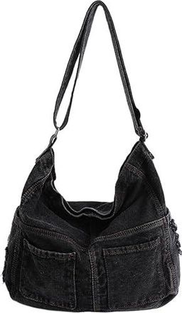 Generic Sac fourre-tout en jean pour femme et fille - Grande capacit&eacute; - Pour voyage, shopping, travail, usage quotidien, Noir, 12.99x4.72x12.2inch