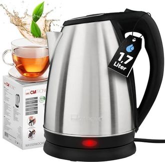 Clatronic Wasserkocher Edelstahl, 1,7 Liter | BPA frei | 2200W | Edelstahl Wasserkocher | Station mit Kabelaufwicklung | Electric Kettle | Edelstahlgehäuse | Ve