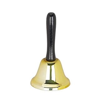 Relaxdays Tischglocke Handglocke, lauter Klang, Holzgriff, Schule, Rezeption, Weihnachtsdeko, Eisen, 12 cm groß, Gold