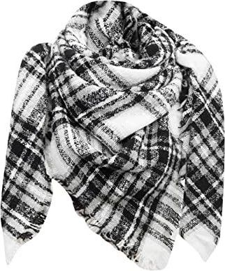 Generic Écharpe classique à pompons pour femme - Pour lautomne et lhiver - Chaude, douce et épaisse - Grande couverture châle tartan pour femme, blanc, taille