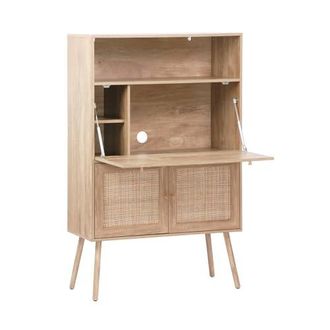 Sweeek Bureau secr&eacute;taire. 2 Portes en cannage. &eacute;tag&egrave;res. d&eacute;cor Bois. Pieds en Bois de Sapin