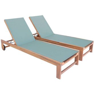 Sweeek Sweeek - Lot de 2 bains de soleil en bois dacacia et textil&egrave;ne kaki, multi positions avec roulettes