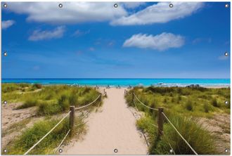 Wallario Outdoor-Poster für Garten oder Balkon Sandweg zum blauen Meer mit blauem Himmel, Motivbanner Größe: ca. 120 x 180 cm, Outdoor-Bild