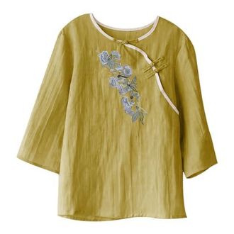 Generic Chemise en lin &agrave; manches 3/4 pour femme - Coton et lin - Motif floral brod&eacute; - Tunique d&eacute;t&eacute; d&eacute;contract&eacute;e pour la plage et les vacances, jaune, 4XL