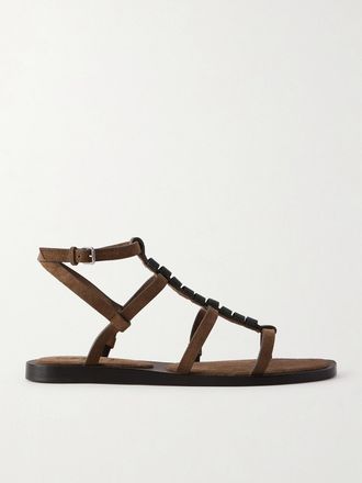 Brunello Cucinelli Slingback-sandalen Aus Veloursleder Mit Perlen-verzierungen - Braun