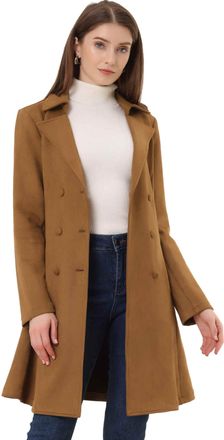 Allegra K Damen Faux Wildleder Jacke Zweireiher gekerbtes Revers Winter Lange Trenchcoat, Braun, M