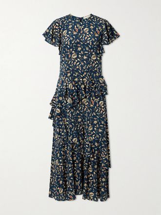 Ulla Johnson Robe Midi En Crêpe De Chine De Soie Imprimé À Volants Amaia - Multicolore