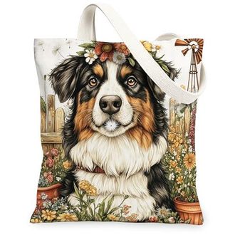 Generic Sac fourre-tout en toile motif chien berger australien printanier 33 x 38,1 cm, sac d&eacute;picerie r&eacute;utilisable pour femme, ferme, animal domestique, plage