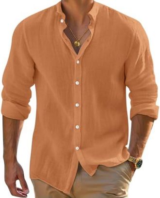 Onsoyours Chemise Lin Homme Manches Longues Chemise Décontractée Coton Business Chemises Hommes Couleur Unie Casual Bouton Shirts Regular Fit A Orange XXL