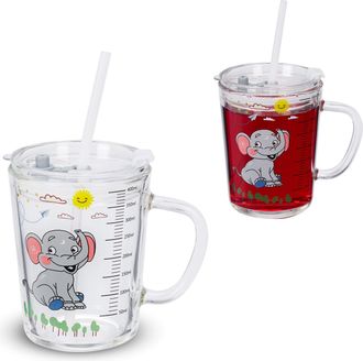 Relaxdays Kindergläser 2er Set, Elefanten-Motiv, Trinkglas Kinder, mit Henkel, Deckel & Strohhalm, 400 ml, transparent