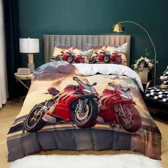 Generic Coucher De Soleil Housse de Couette 180x200 Moto Rouge Parure de Lit 1 Personne, 3D Imprimé Enfants en Microfibre Douce Respirante Housse Couette avec